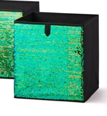 10.5" Reversible Teal Blue Black Sequin Collapsible Storage Bins by ...