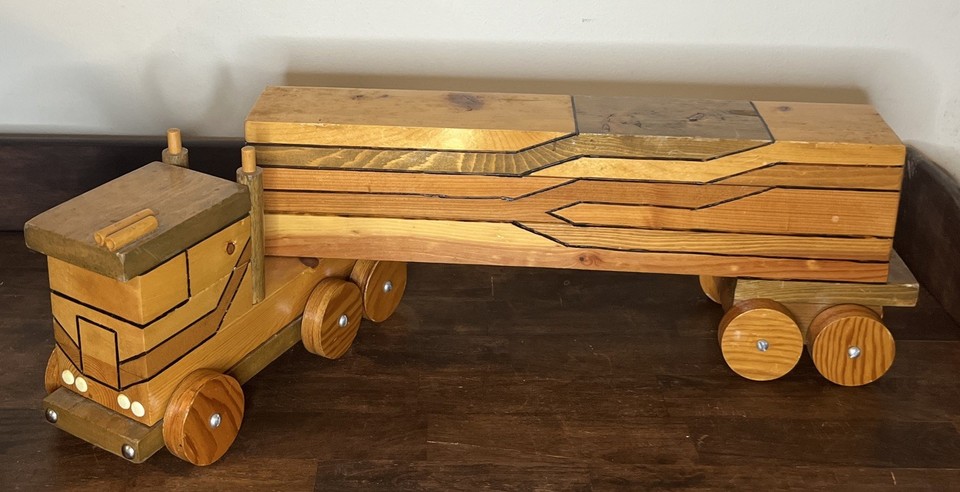 Vtg Wooden Handmade Semi Truck & Trailer 28” Wood Work Shop Rolling ...