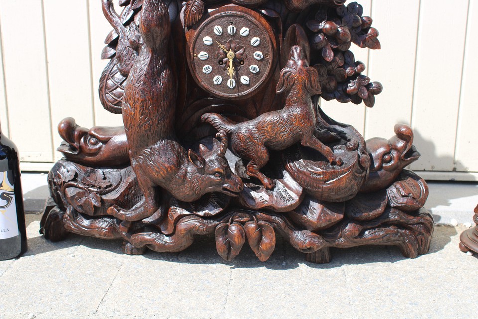 Majestical XXL BLACK FOREST wood carved clock mantel set hunting dog ...