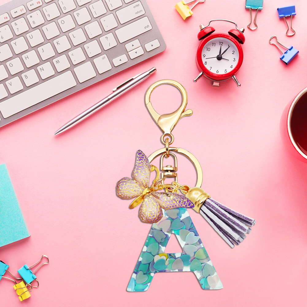 Resin Blue Butterfly Keychain Alphabet A Keyring with Tassel for Car ...