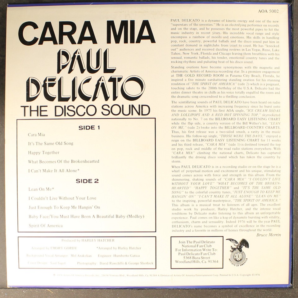 PAUL DELICATO: cara mia ARTISTS OF AMERICA 12" LP 33 RPM | eBay