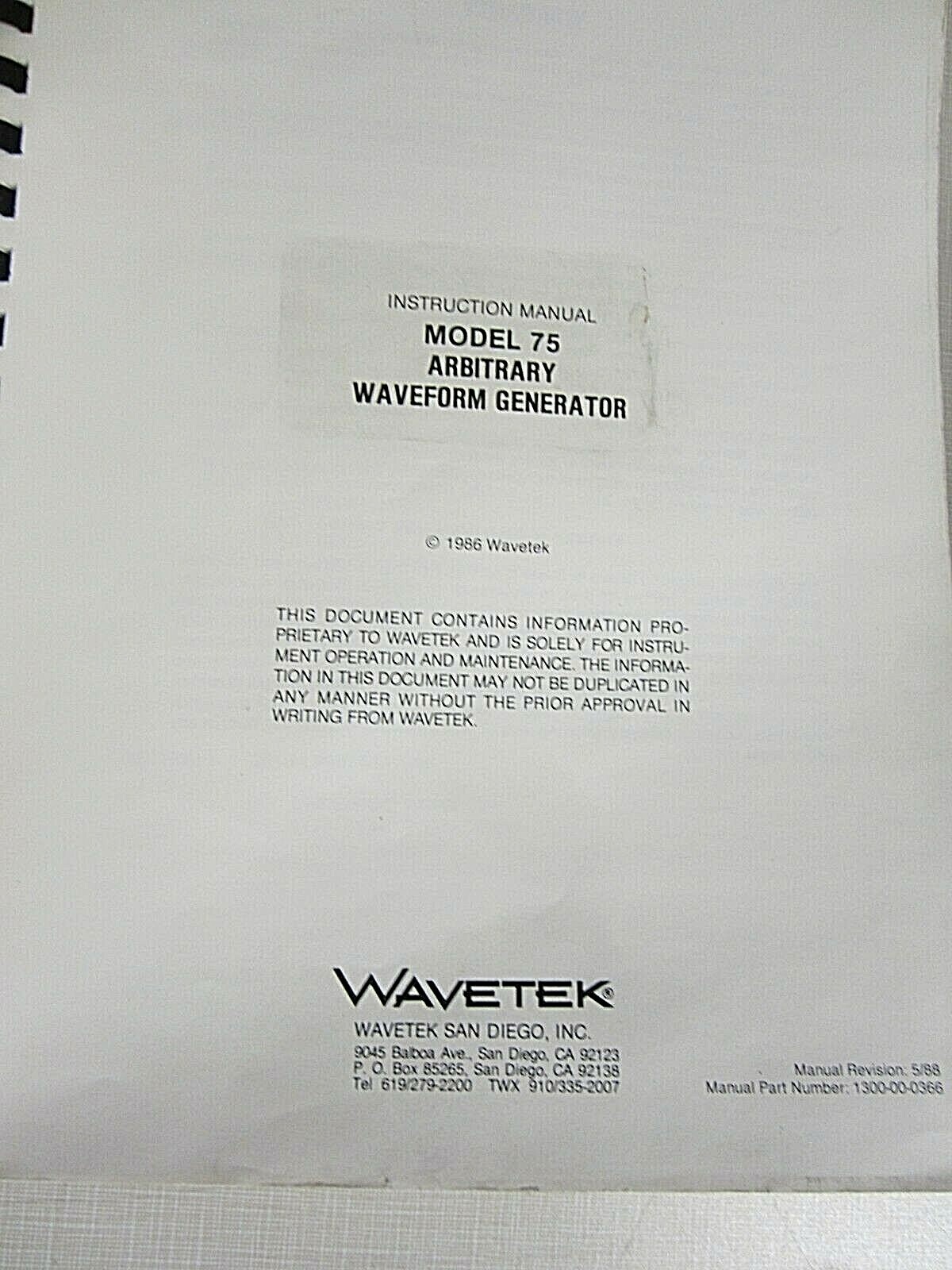 Wavetek Model 75 Arbitrary Waveform Generator Instruction Manual Rev. 5 ...