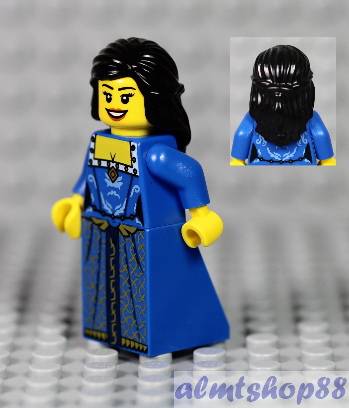 LEGO - Female Minifigure w/ Blue Gold Dress & Black Braided Hair ...