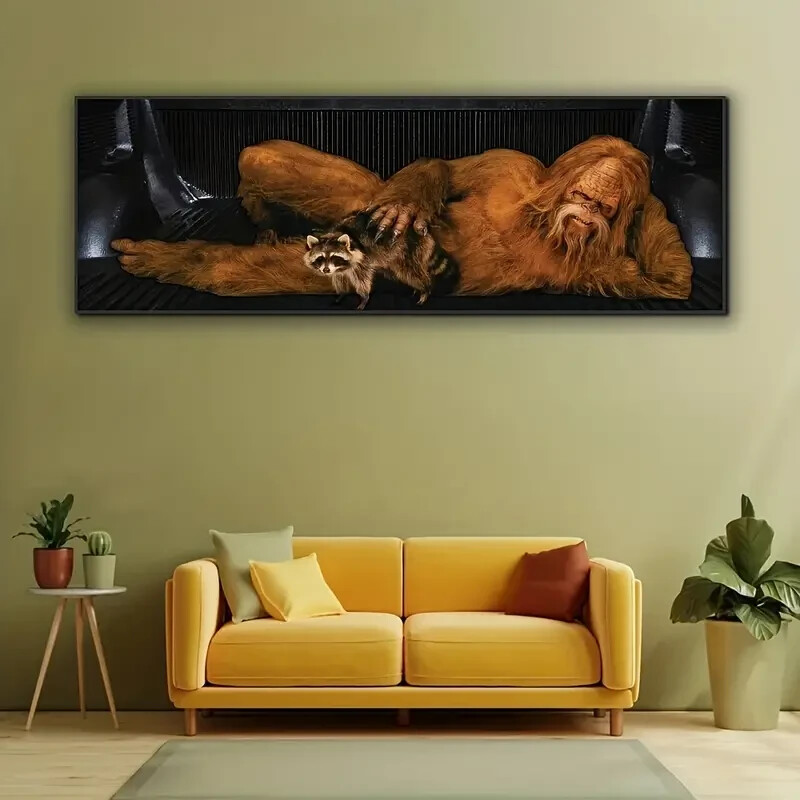 Bigfoot with Raccoon - Unframed Canvas Print - 36" x 12" - Sasquatch at ...