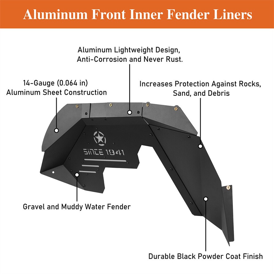 Aluminum Front / Rear Inner Fender Liners For 2007-2018 Jeep Wrangler ...