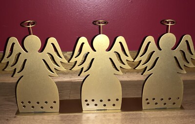 Vintage 3 Gold Metal Angels Taper Candle Holders Stand 15”x8”x2.25” GUC ...