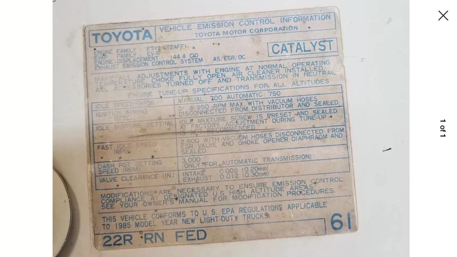 1985 Toyota Pickup Truck/4runner Emissions Decal Repro Sticker 22r Fed ...