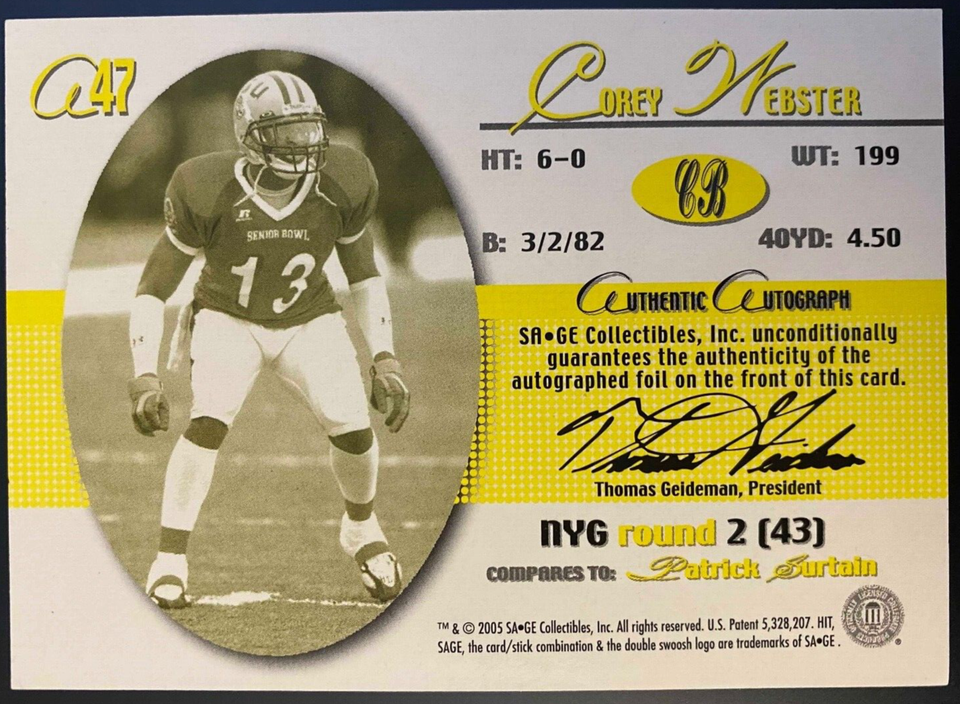 2005 SAGE Autographs Red #A47 Corey Webster/500 | eBay