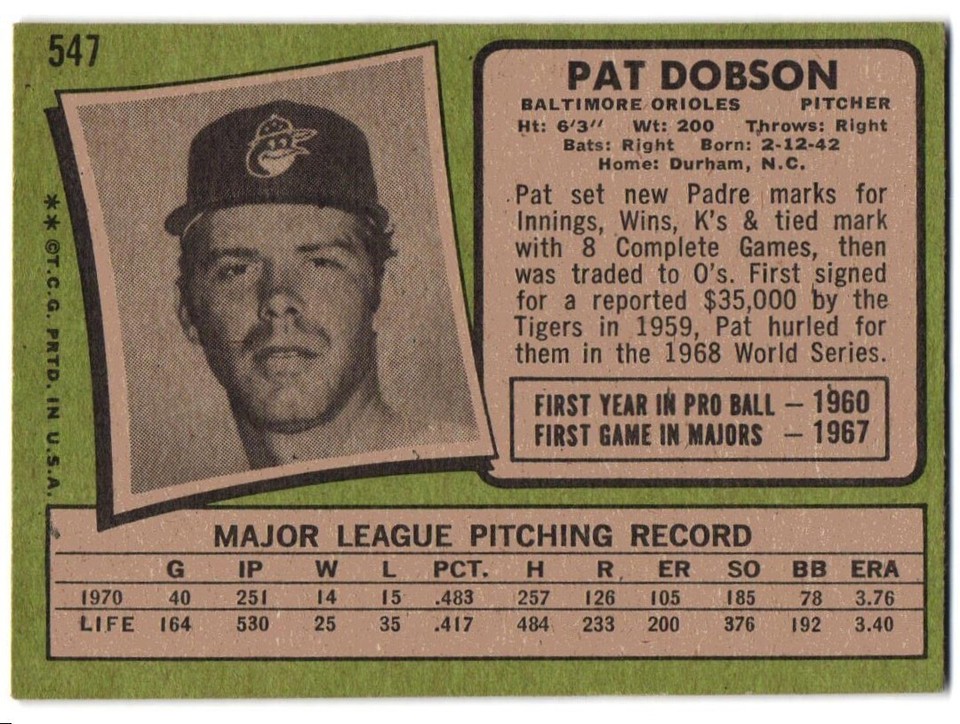 1971 Topps Baseball #547 Pat Dobson Baltimore Orioles - EX | eBay