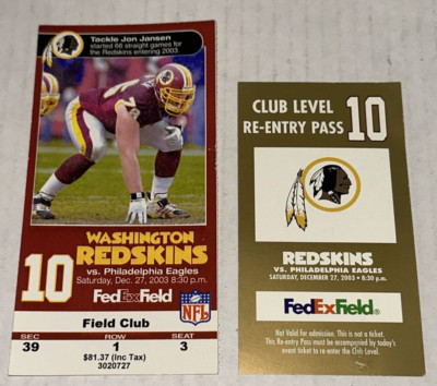 12/27/03 EAGLES Redskins Fedex Field McNabb 4 TD's Ticket Stub + Club ...