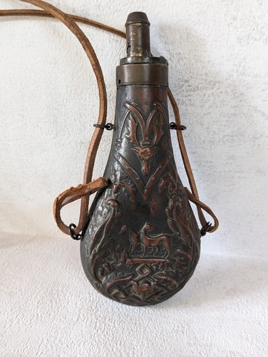 Antique Copper Black Powder Flask With Leather Strap Deer Dogs Fox | eBay