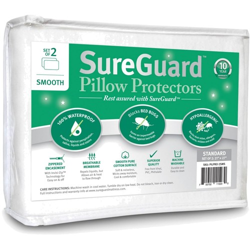 Set of 2 Standard Size SureGuard Pillow Protectors - 100% Waterproof ...