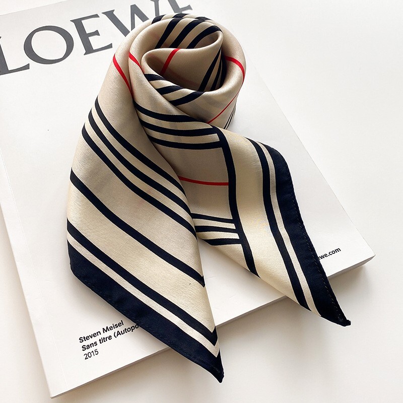 100% Silk 20'' Scarf Bandana Women Vintage Beige Striped Headband ...