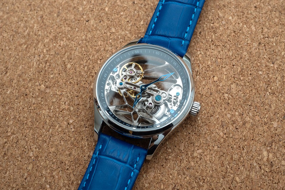 Mens Skeleton Bridge Movement Automatic Mechanical Watch Silver Blue ...