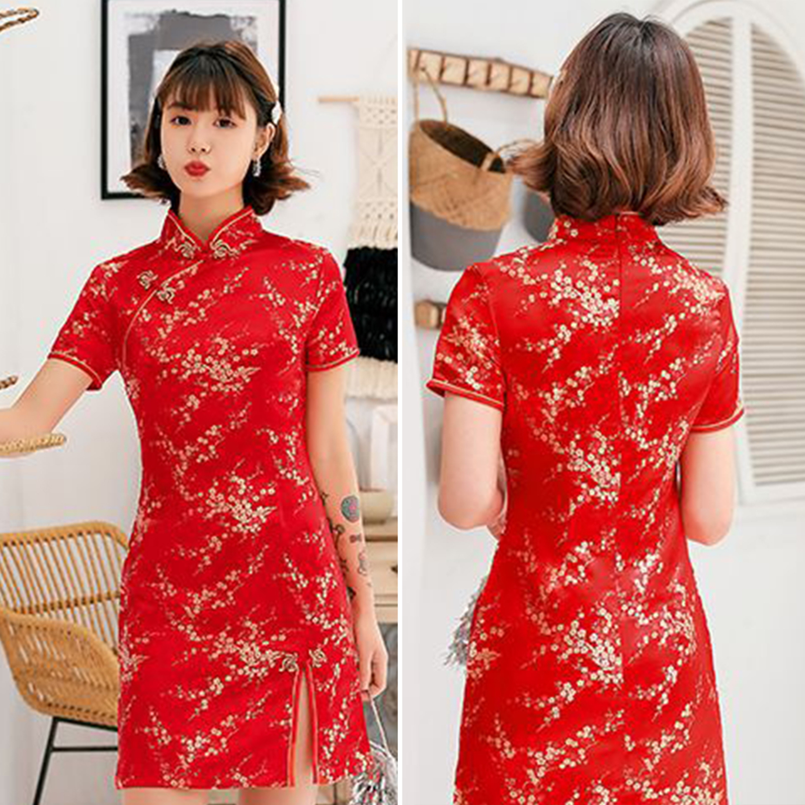 Mini Cheongsam Dress Mandarin Collar Slim Fit Traditional Flower Print ...