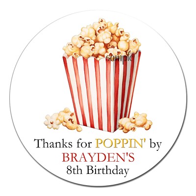 Popcorn Poppin' By birthday Stickers for party lollipop goody bag favor ...