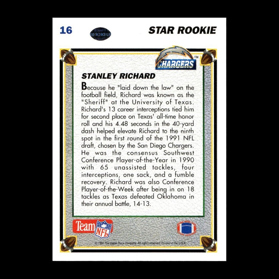 Stanley Richard 1991 Upper Deck Rookie San Diego Chargers #16 R324H 6 ...