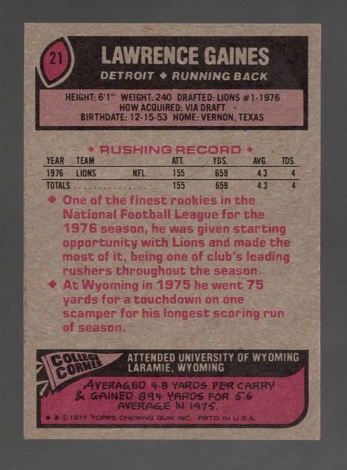 1977 Topps Lawrence Gaines Detroit Lions #21 Excellent | eBay