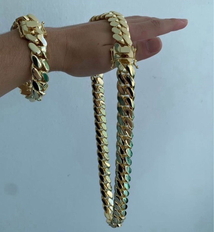 Bracelet & Chain Set Miami Gold Cuban Link Gold Plated Stainless Steel ...