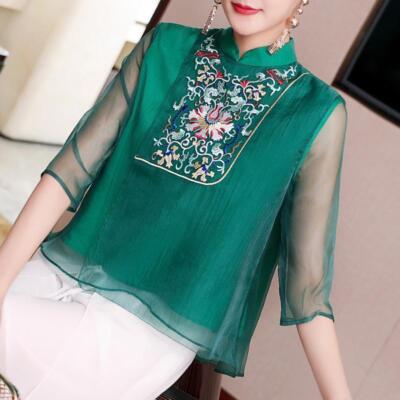 Lady Hanfu Shirt Ethnic Style Blouse Chiffon Top Mesh Embroidered Sheer ...