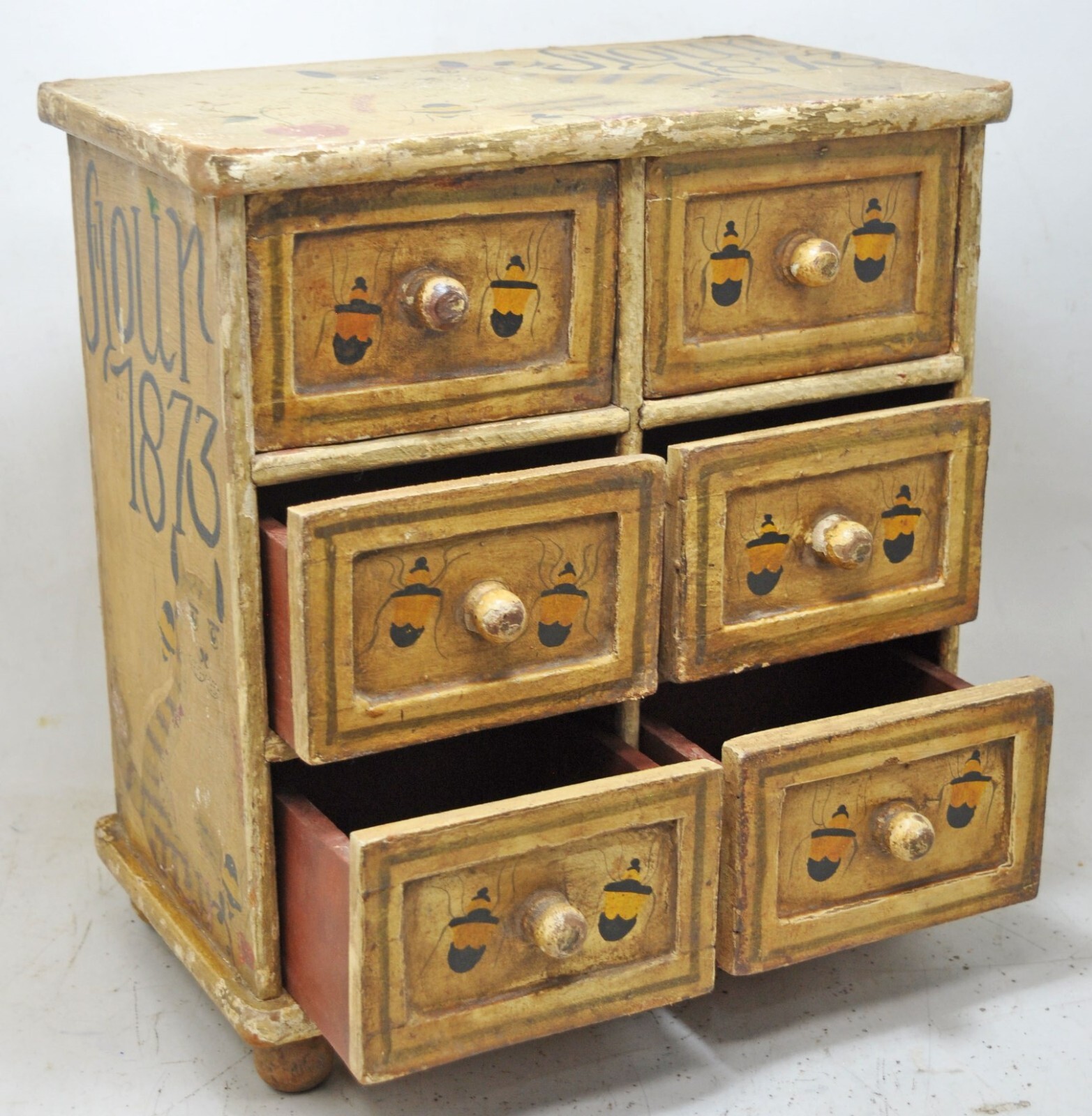 Vintage Wooden 6 Drawers Storage Box Original Old Hand Crafted Painted ...