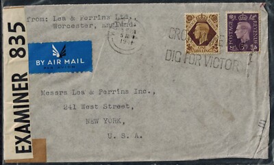 WWII England 1941 Censor Cover w/ Tape 835 Type 1F Worcester to NYC | eBay