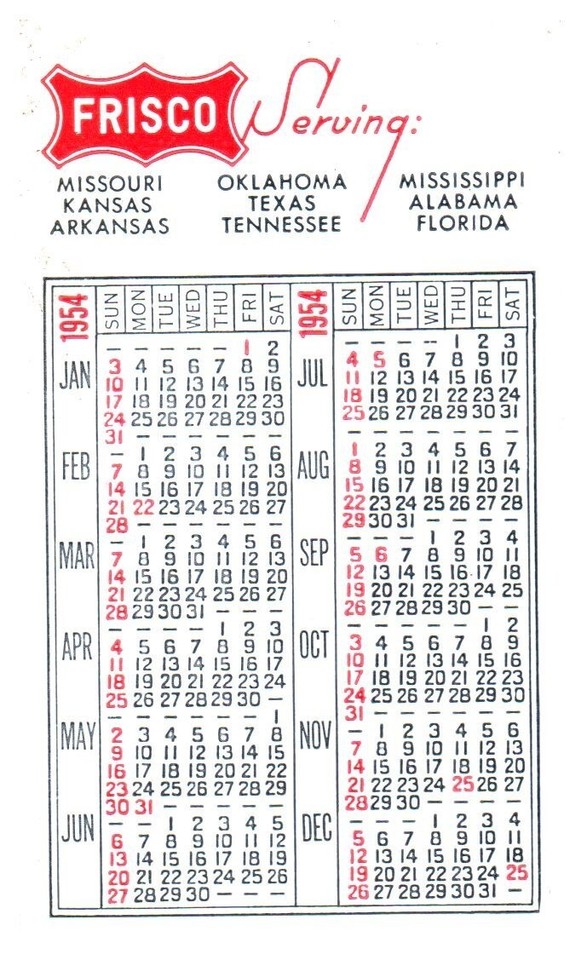 FRISCO St. Louis San Francisco Railway 1954 Train Pocket Calendar ...