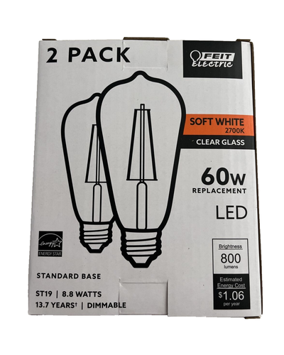 2 Pack Feit Electric Vintage Edison LED Light Bulb 60W ST19 E26 Soft ...