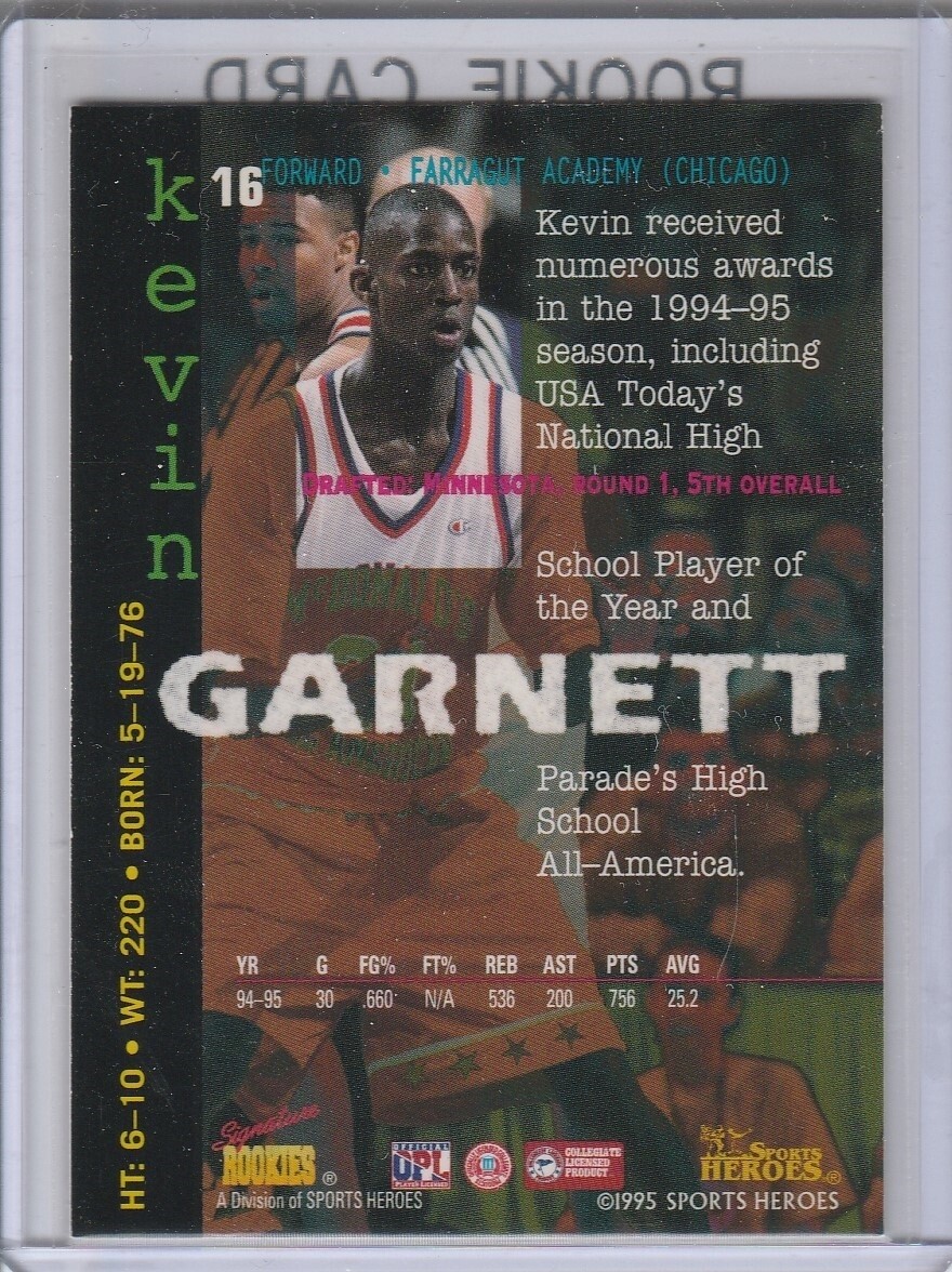 KEVIN GARNETT ROOKIE CARD Fame & Fortune 1995 BASKETBALL Farragut ...