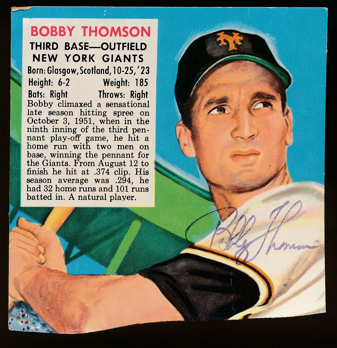 1952 Red Man Tobacco -BOBBY THOMSON (New York Giants) *AUTOGRAPHED* (d ...