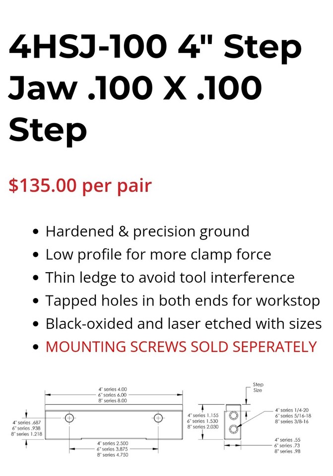 1 Pair Snap Jaws 4HSJ-100 Hard Steel Vise Jaws with Step, fits 4" Vise ...