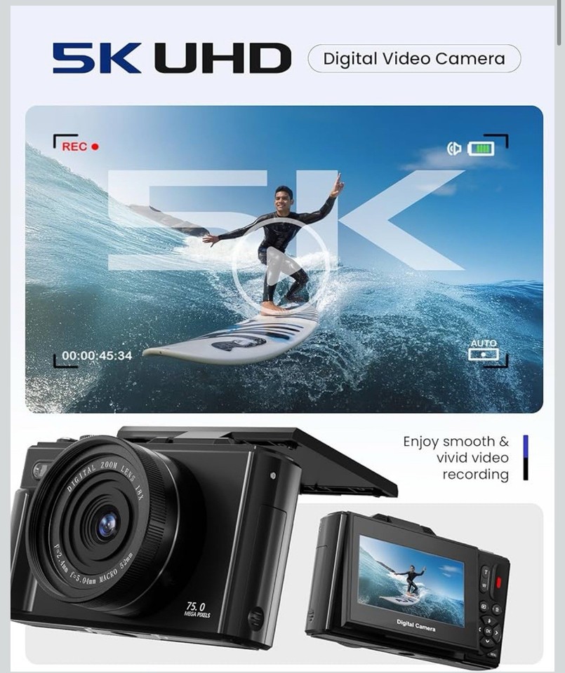 5K 75MP Digital Camera 18X Zoom WiFi, Vlogging with 64GB SD, 2 ...