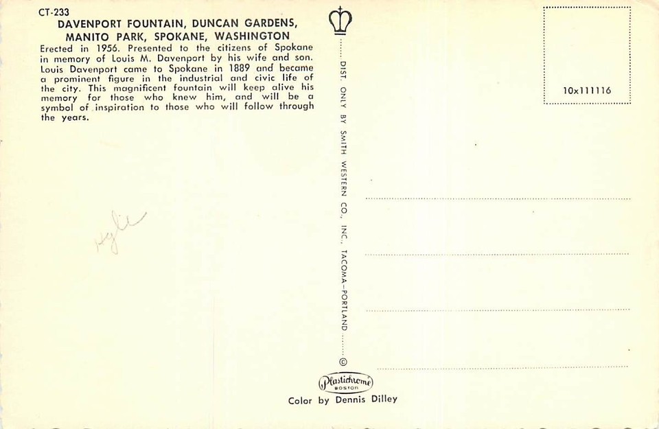 Postcard Davenport Fountain, Duncan Gardens, Manito Park Spokane ...