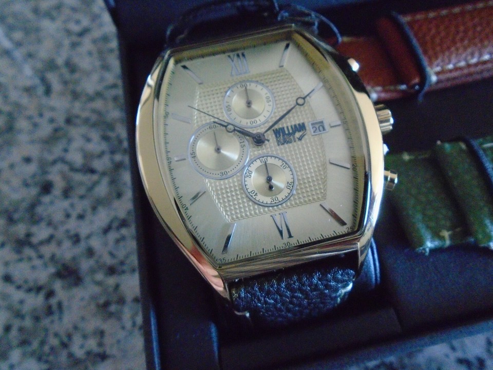 MENS WILLIAM RAST STAINLESS STEEL CHRONOGRAPH WATCH W/3 LEATHER BANDS ...