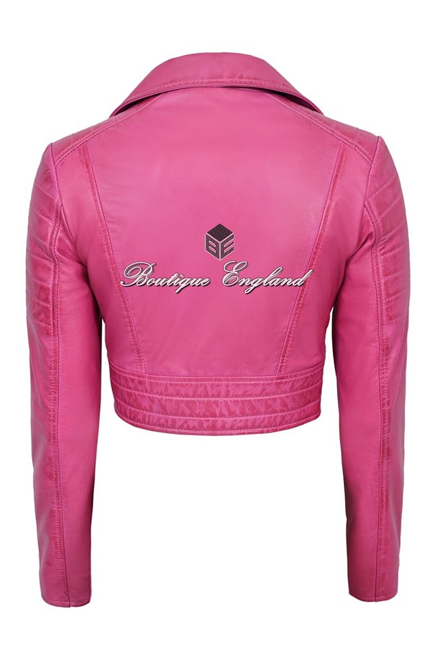 Ladies Short Body Leather Jacket Fuchsia Pink Biker Style 100% REAL ...
