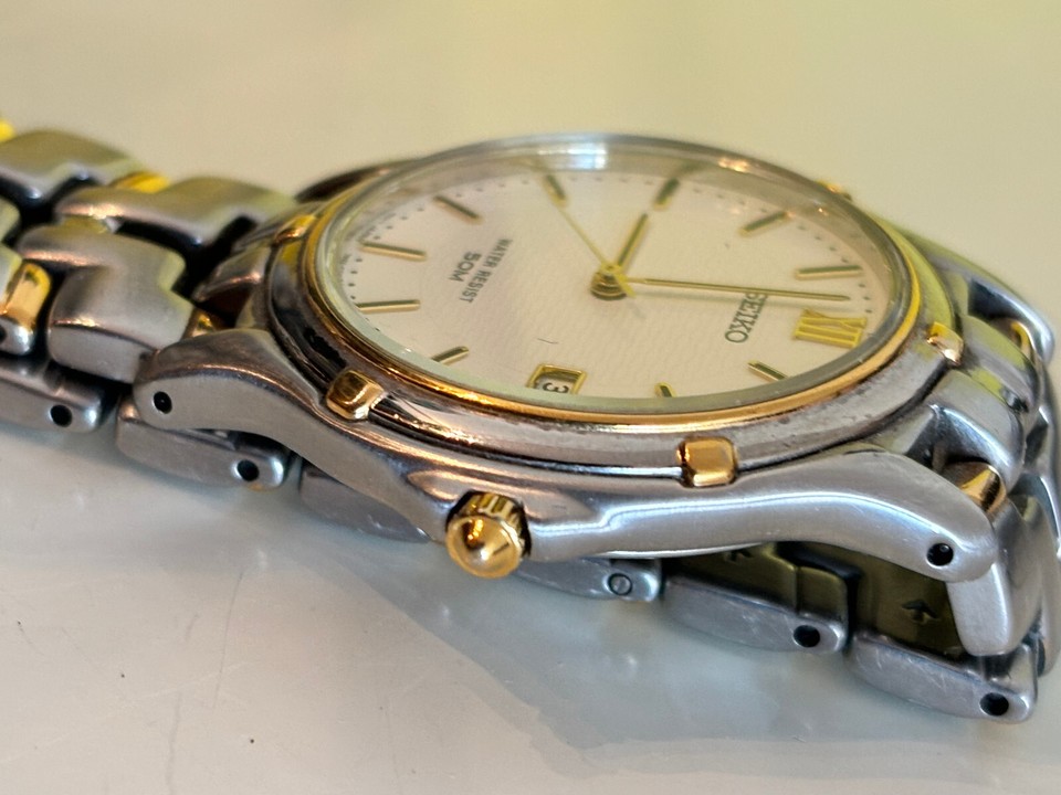 Mens SEIKO Quartz 50M 7N32-0049 Date Silver Gold Tone Wristwatch SWISS ...