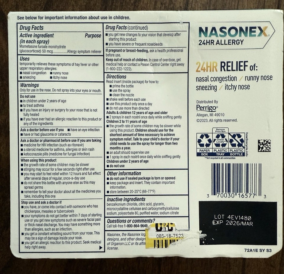 Nasonex 24HR Allergy 120 Nasal Spray, Allergy + Congestion, Non-Drowsy ...