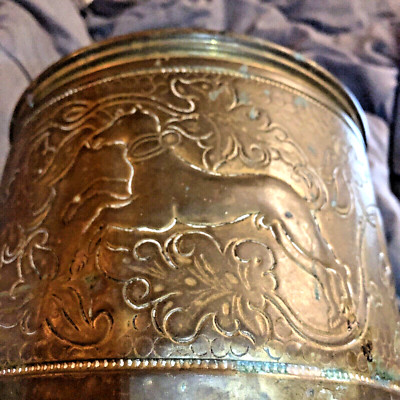 Antique East Indian Repousse Brass Big! Urn Vase Animal Hunt Dog Horse ...