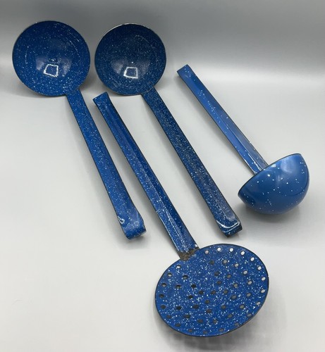 4 Vtg Blue Speckled Enamel Granite Ware Camping Metal~3 Ladles & 1 ...