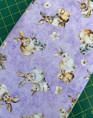 EASTER HUNNY BUNNY RABBITS TOSS LILAC SPRING Cotton Fabric QT HALF YD ...