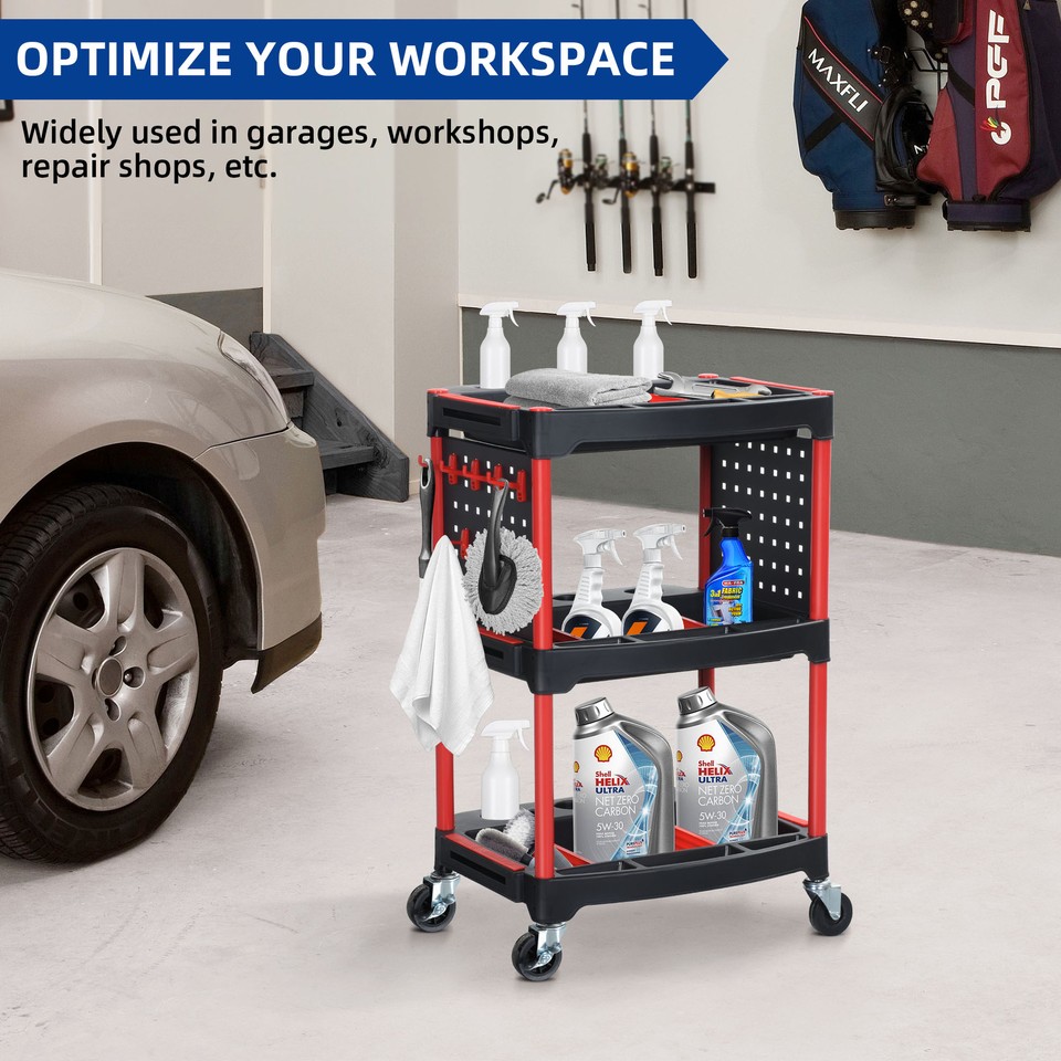 3 Tiers Auto Detailing Cart Car Wash Tool Organizer with Wheels Rolling ...