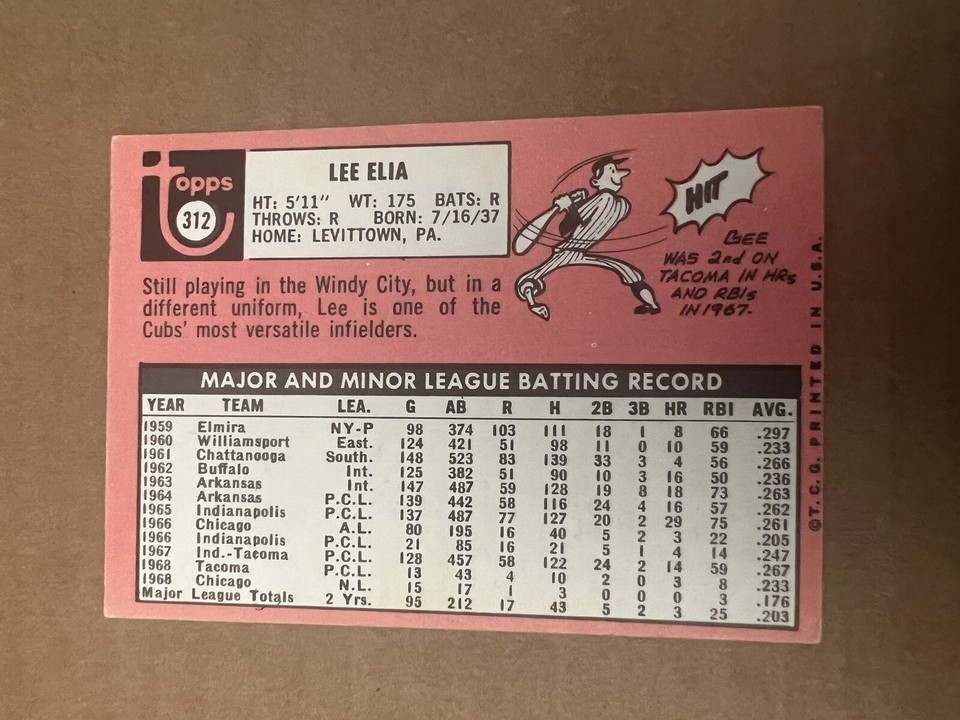 Lee Elia #312 signed autograph auto 1969 Topps Baseball Trading Card ...