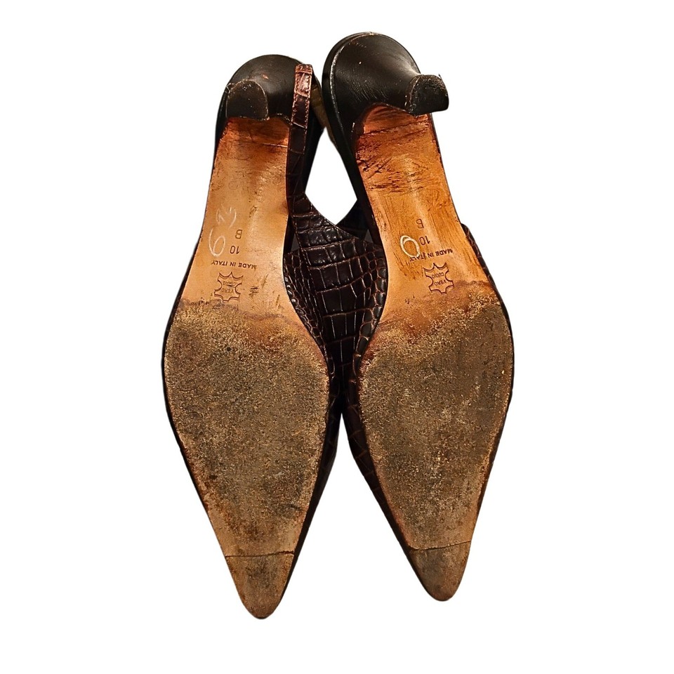 Vintage Isaac Leather Slingback Kitten Heel Pumps Women 10B Brown Croc ...