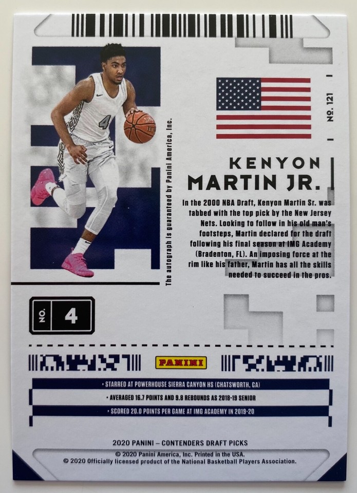 Kenyon Martin Jr. 2020 Panini Contenders Draft Picks Finals Ticket Auto ...
