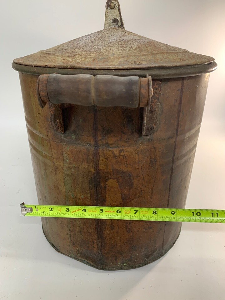 Vtg 24" Large Copper Boiler Wash Tub Tin Lid Wood Handles Primitive ...