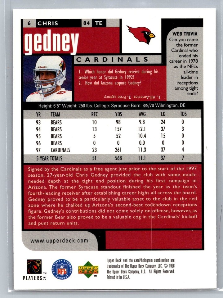 1998 UPPER DECK CHOICE CARD # 6 Chris Gedney - Arizona Cardinals | eBay