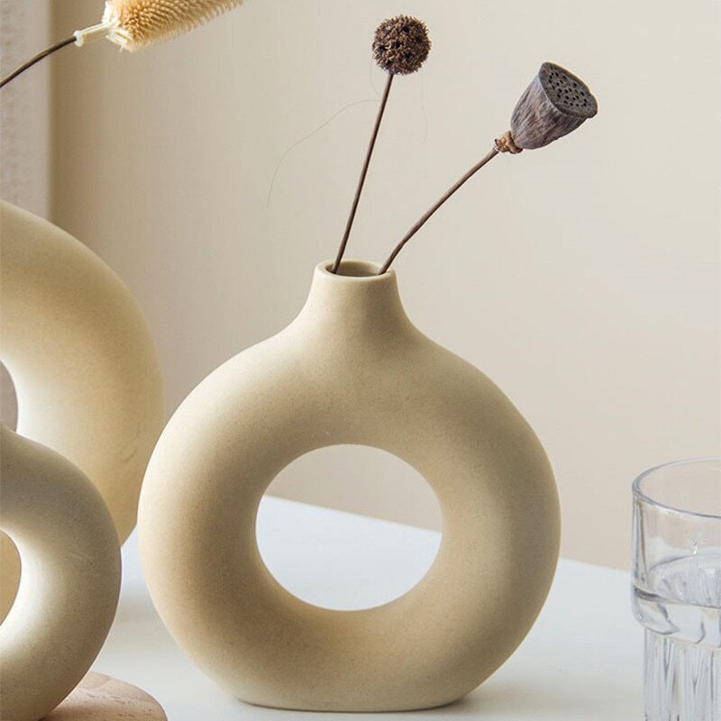 Nordic Vase Circular Hollow Ceramic Donuts Flower Pot Home Living Room ...