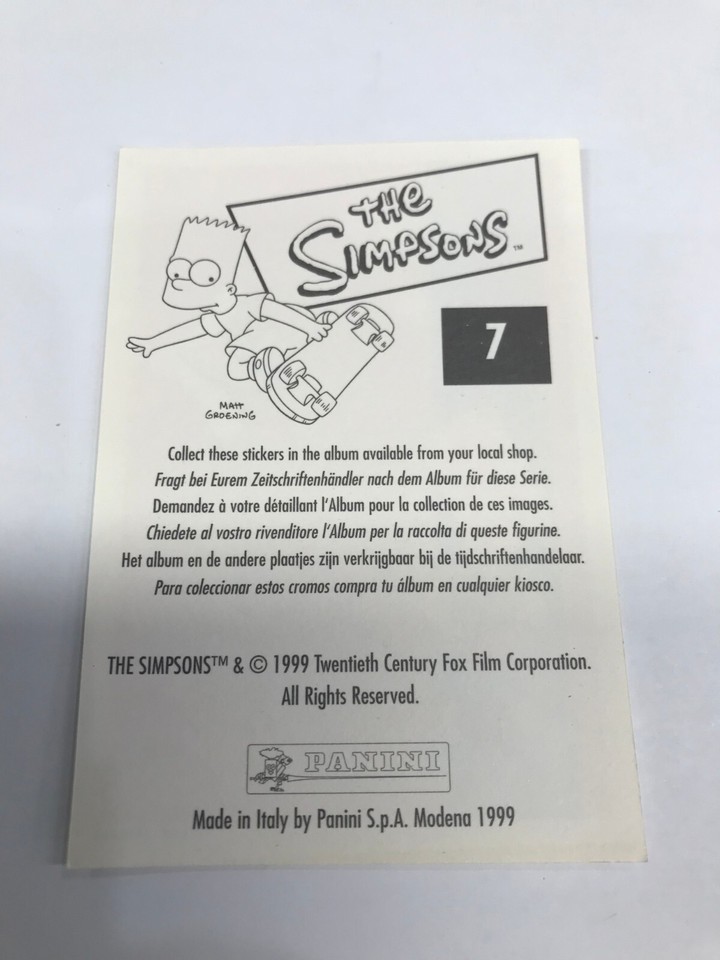 1999 PANINI THE SIMPSONS SPRINGFIELD COLLECTABLE STICKERS COLLECTION #7 ...
