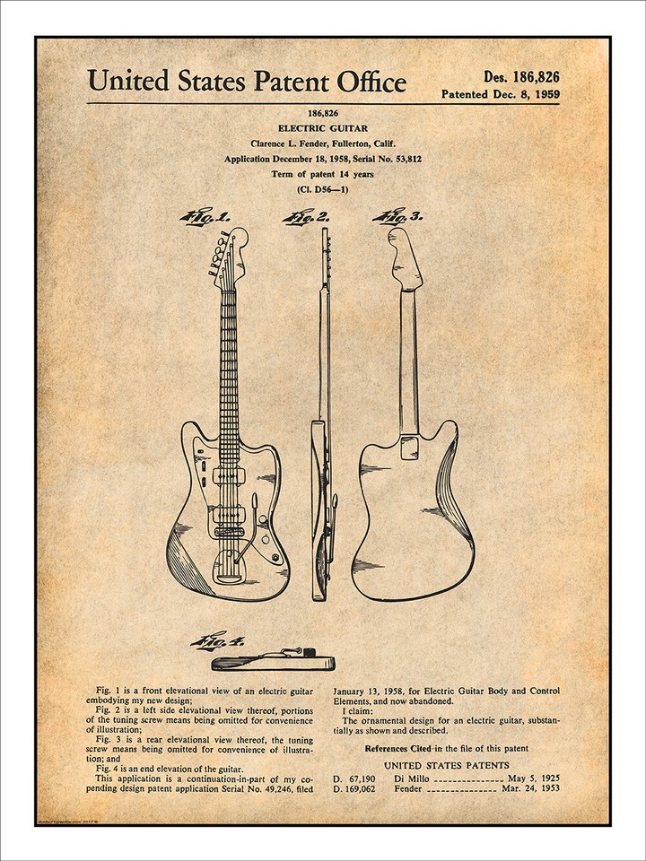 1958 Fender Electric Guitar Patent Print Art Drawing Poster | eBay