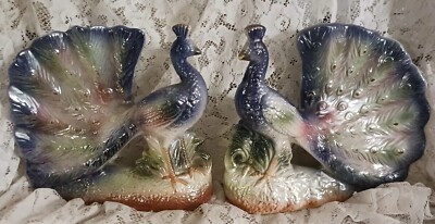 Set of 2 Beautiful Iridescent Lusterware Ceramic Peacocks ~ Made in ...